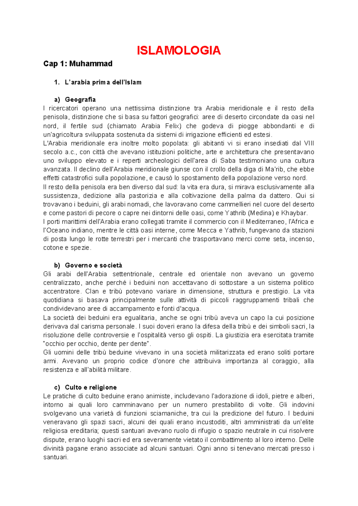ISLAMOLOGIA Cap 1: La Vita e l'Insegnamento di Muhammad - Studocu