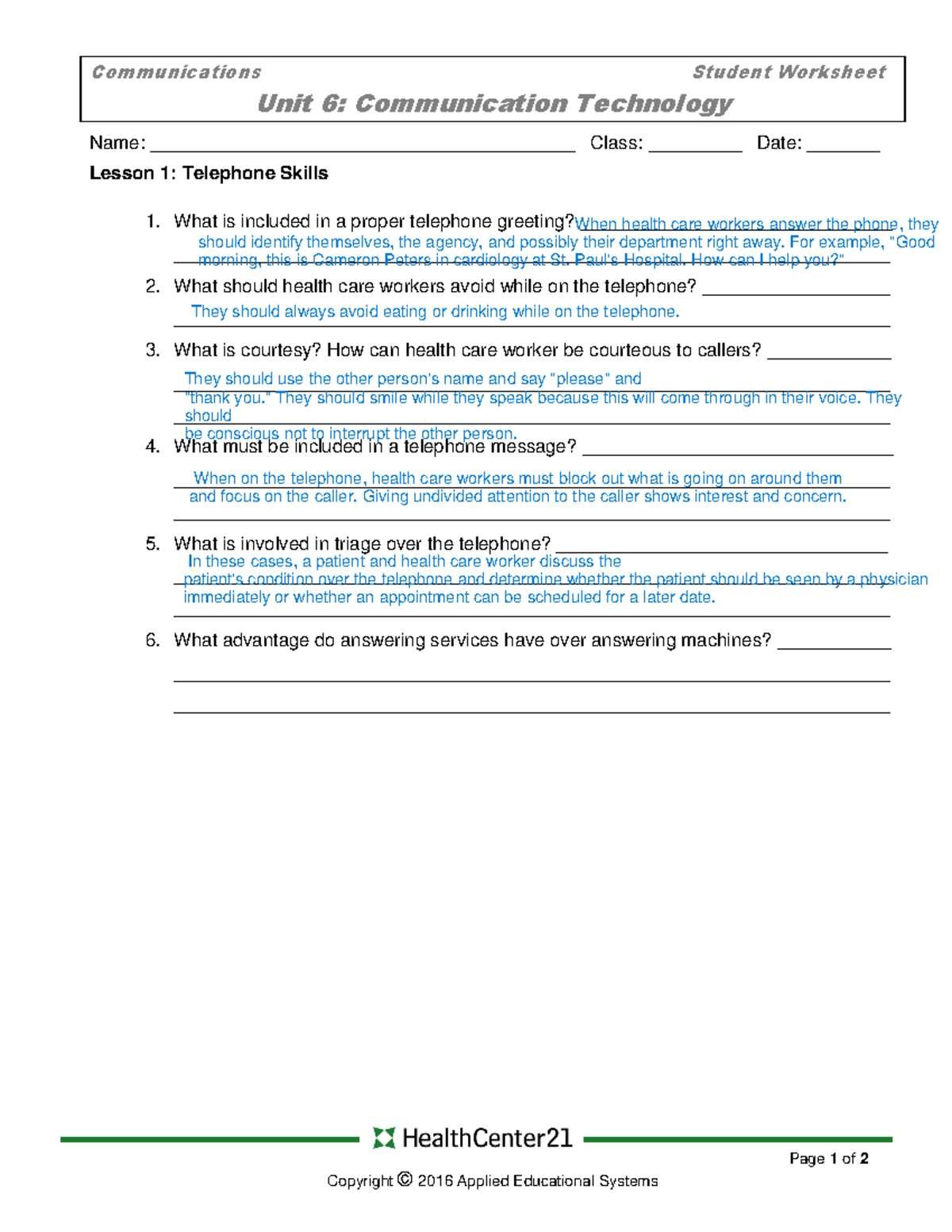 Communication Technology Student Worksheet pf - Communications Student ...
