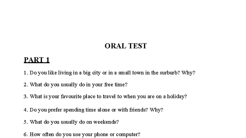 Speaking E2 - Oral Test Part 1 & 2 Questions and Topics - Studocu