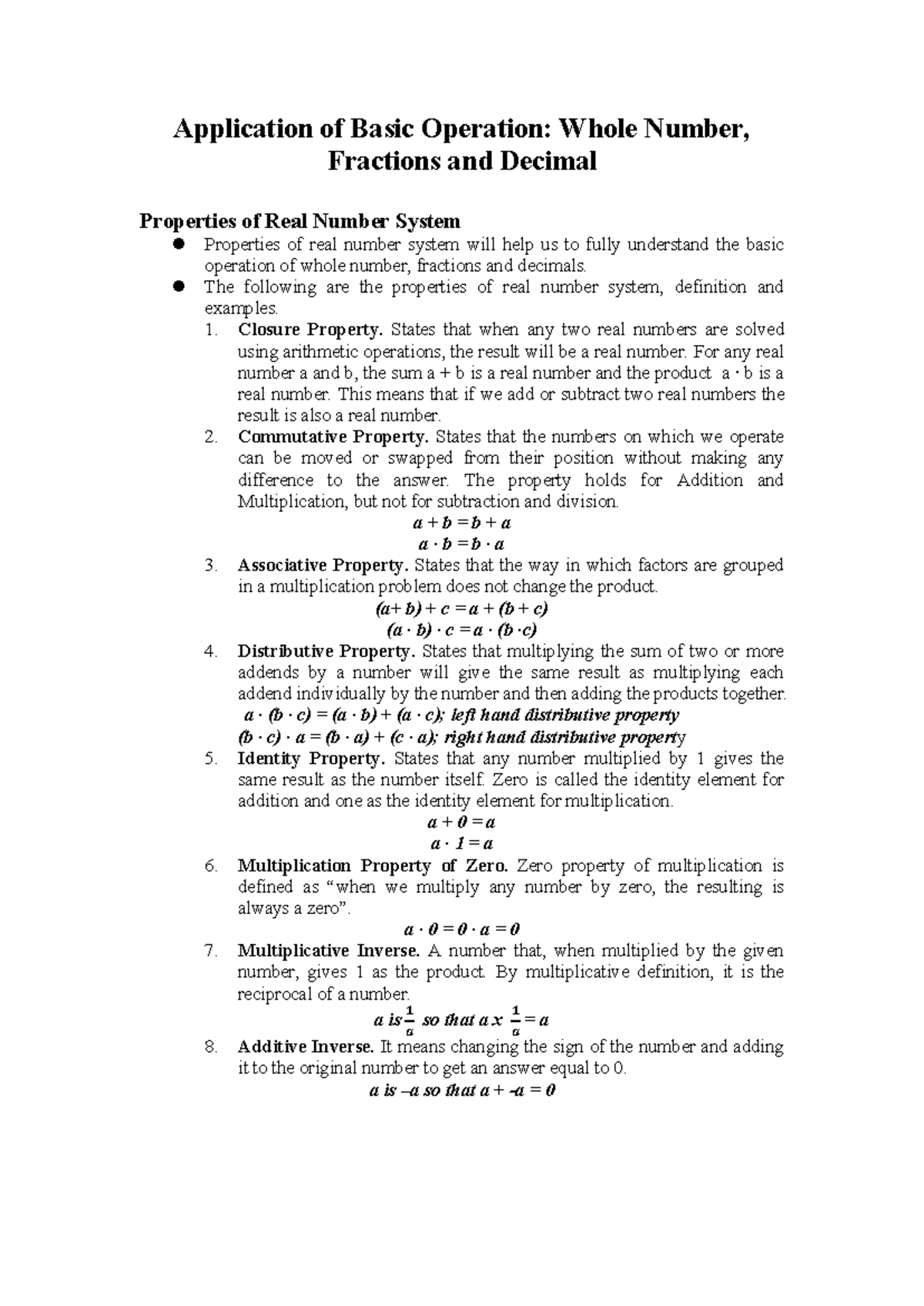 Application of Basic Operations: Whole Numbers, Fractions & Decimals ...
