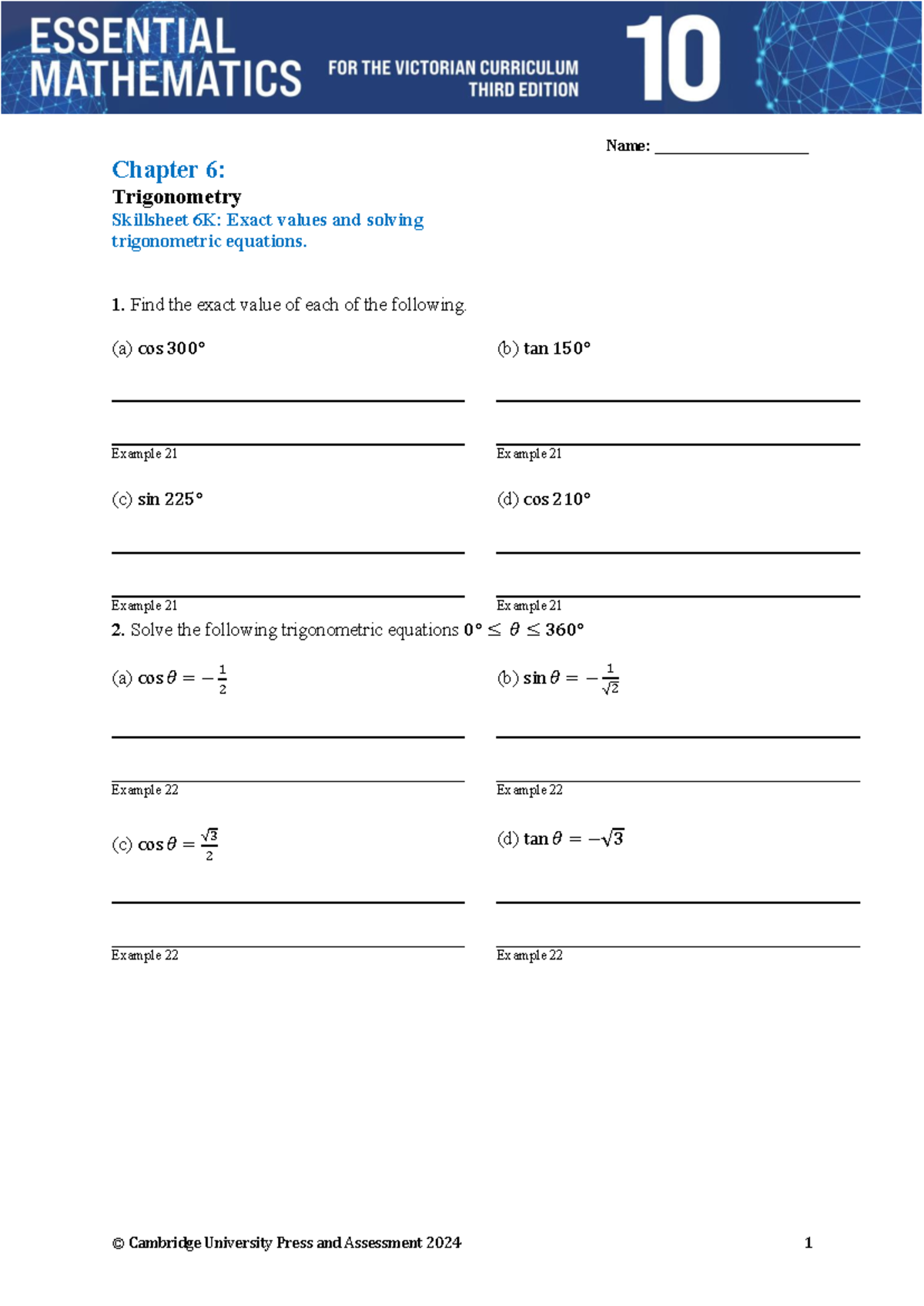 Year 10 Essential Math: Trigonometry Skillsheet 6K Practice Test - Studocu