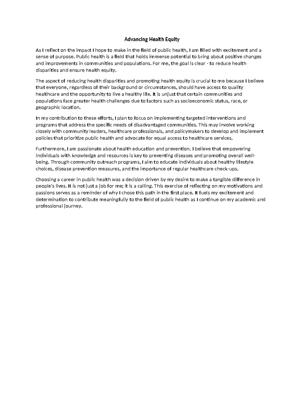 Public Health Career Reflection: Advancing Health Equity Initiatives ...