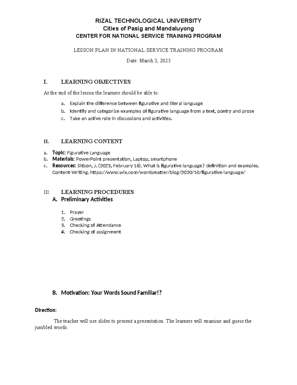 Sample-Lesson-Plan - Cities of Pasig and Mandaluyong CENTER FOR ...
