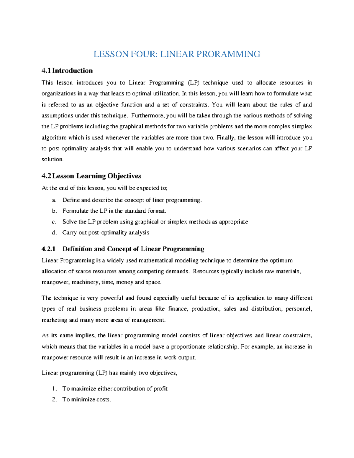 Linear Programming Notes 2021 - LESSON FOUR: LINEAR PRORAMMING 4 ...