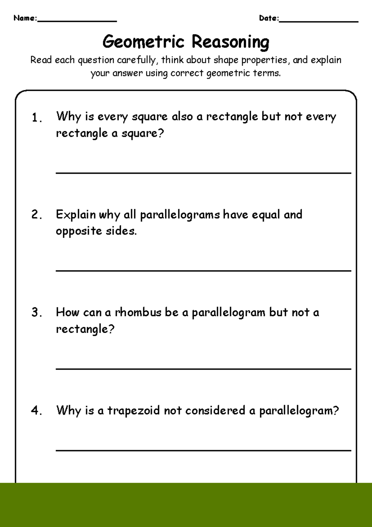 Geometric Reasoning - 5th Grade Worksheet - Name: Date: Geometric ...