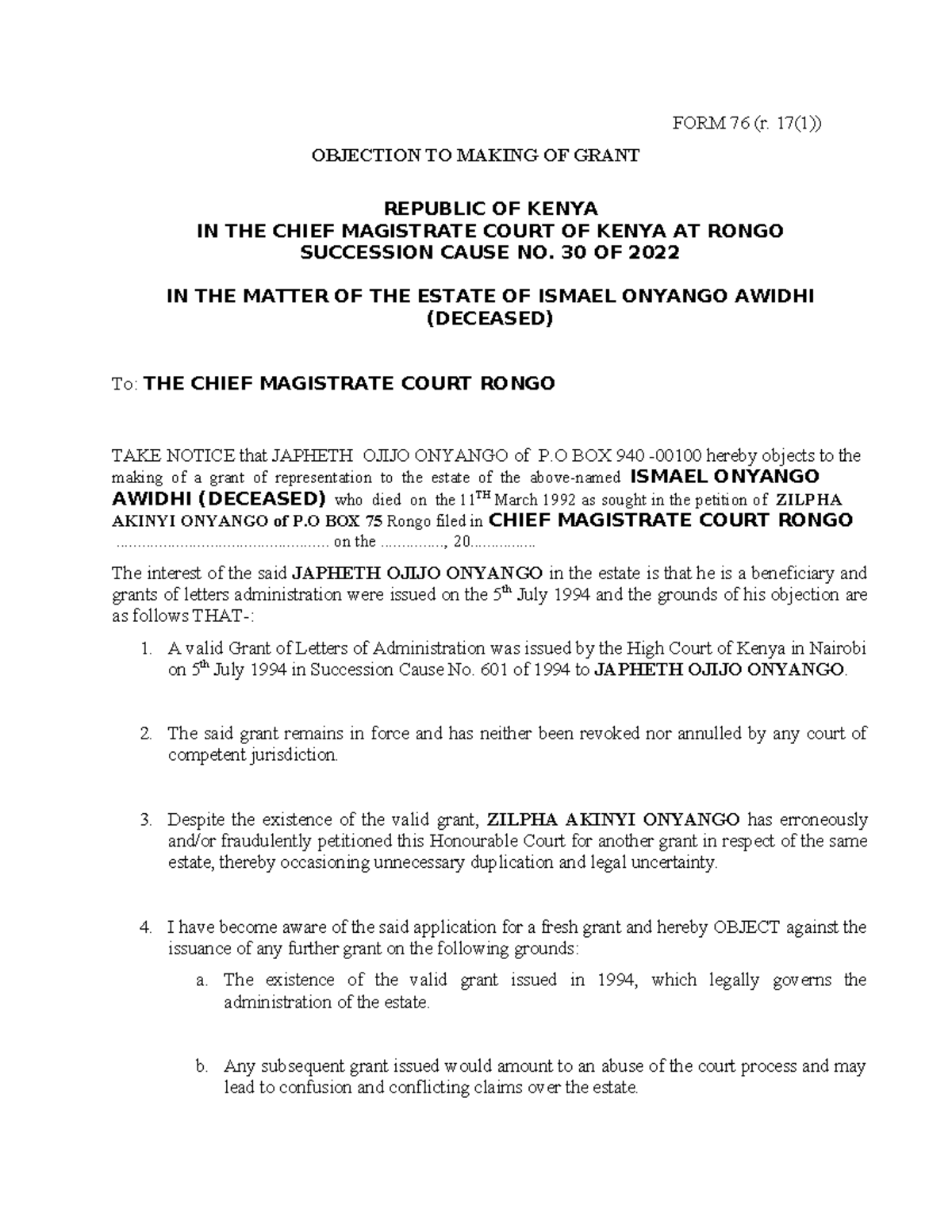 Objection to Grant - FORM 76: Succession Cause No. 30 of 2022 - Studocu