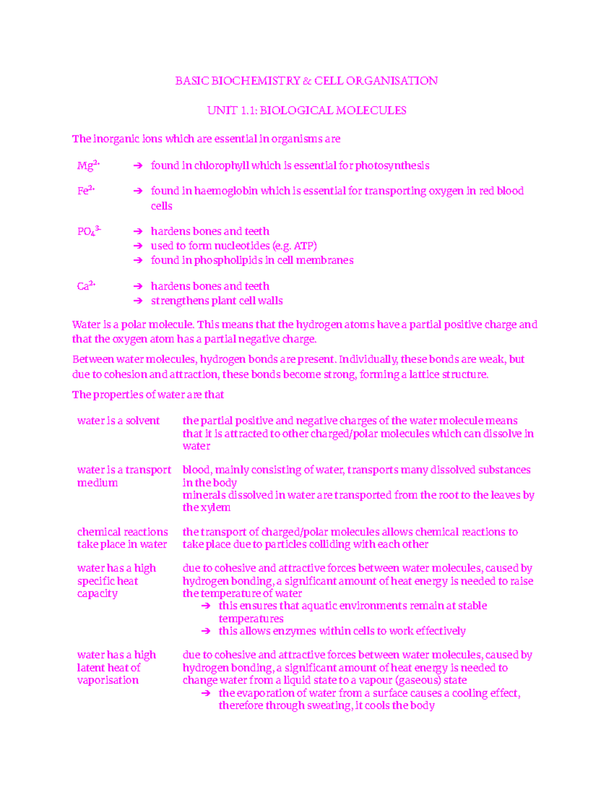 BASIC BIOCHEMISTRY & CELL ORGANISATION: UNIT 1.1-1.3 OVERVIEW - Studocu
