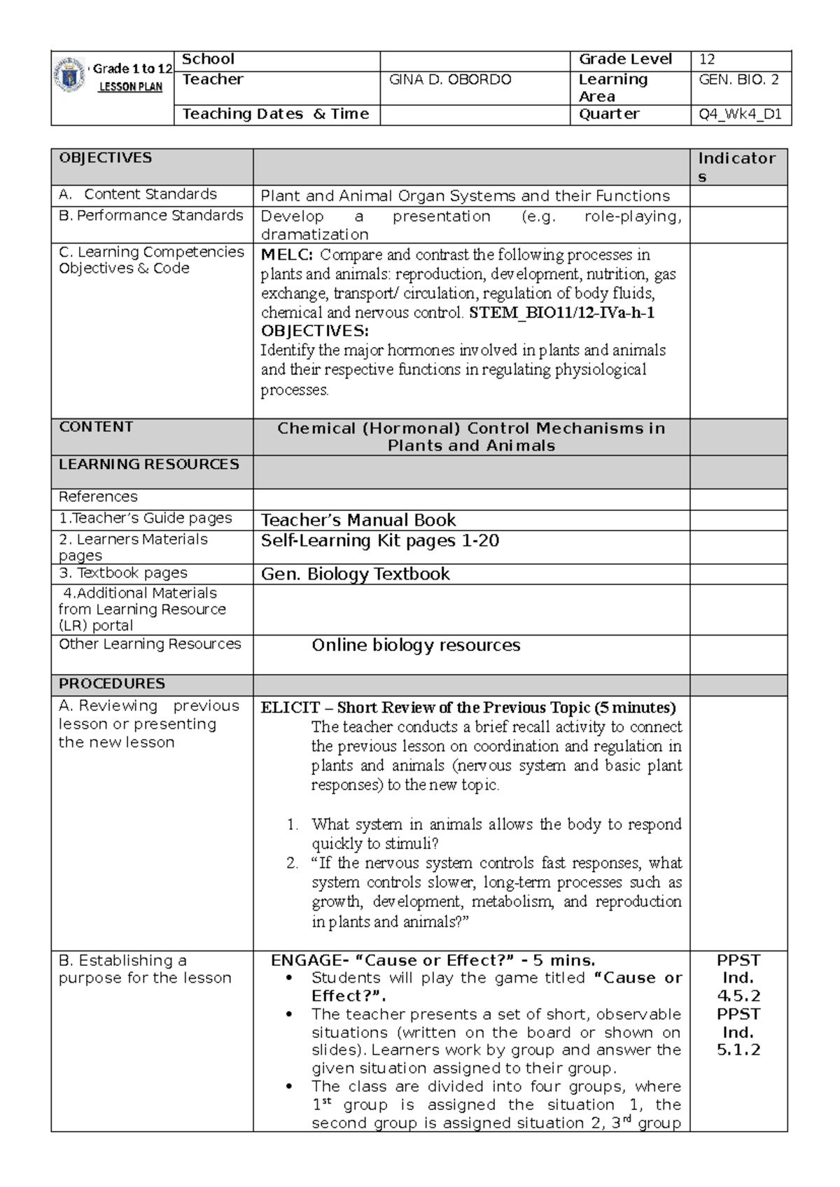 GEN. BIO - DLP: Hormonal Control in Plants and Animals Lesson Plan ...