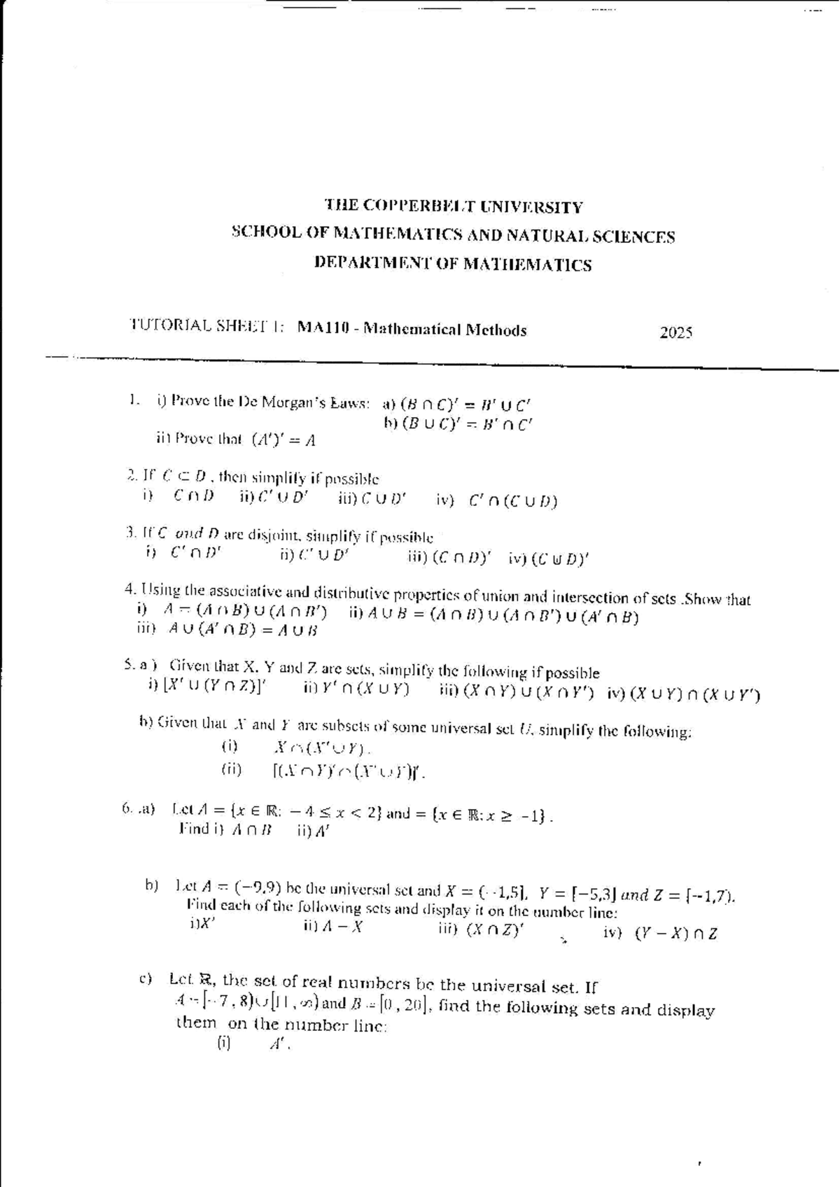 MA 110 2025 Tutorial Sheet: Mathematical Methods Exercises - Studocu