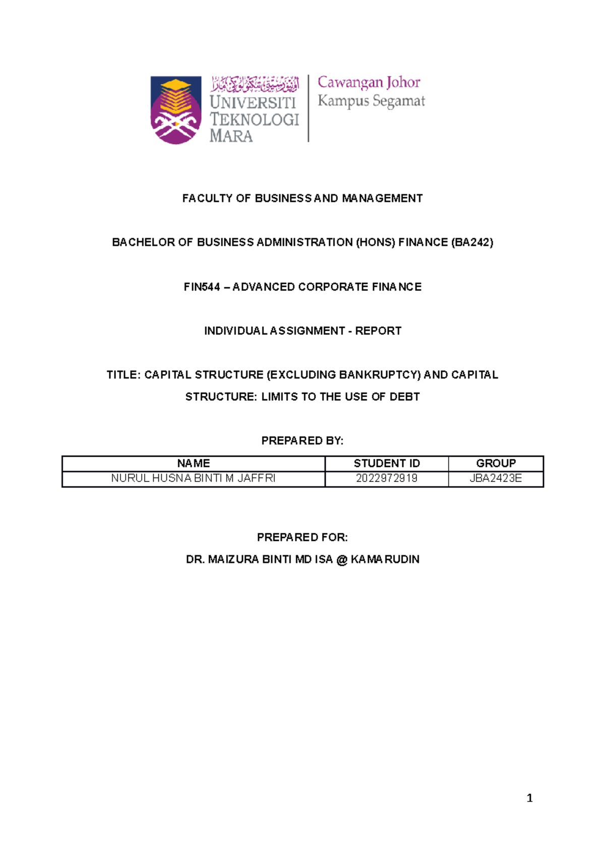 FIN544 - Case Study Report on Capital Structure Analysis - Studocu