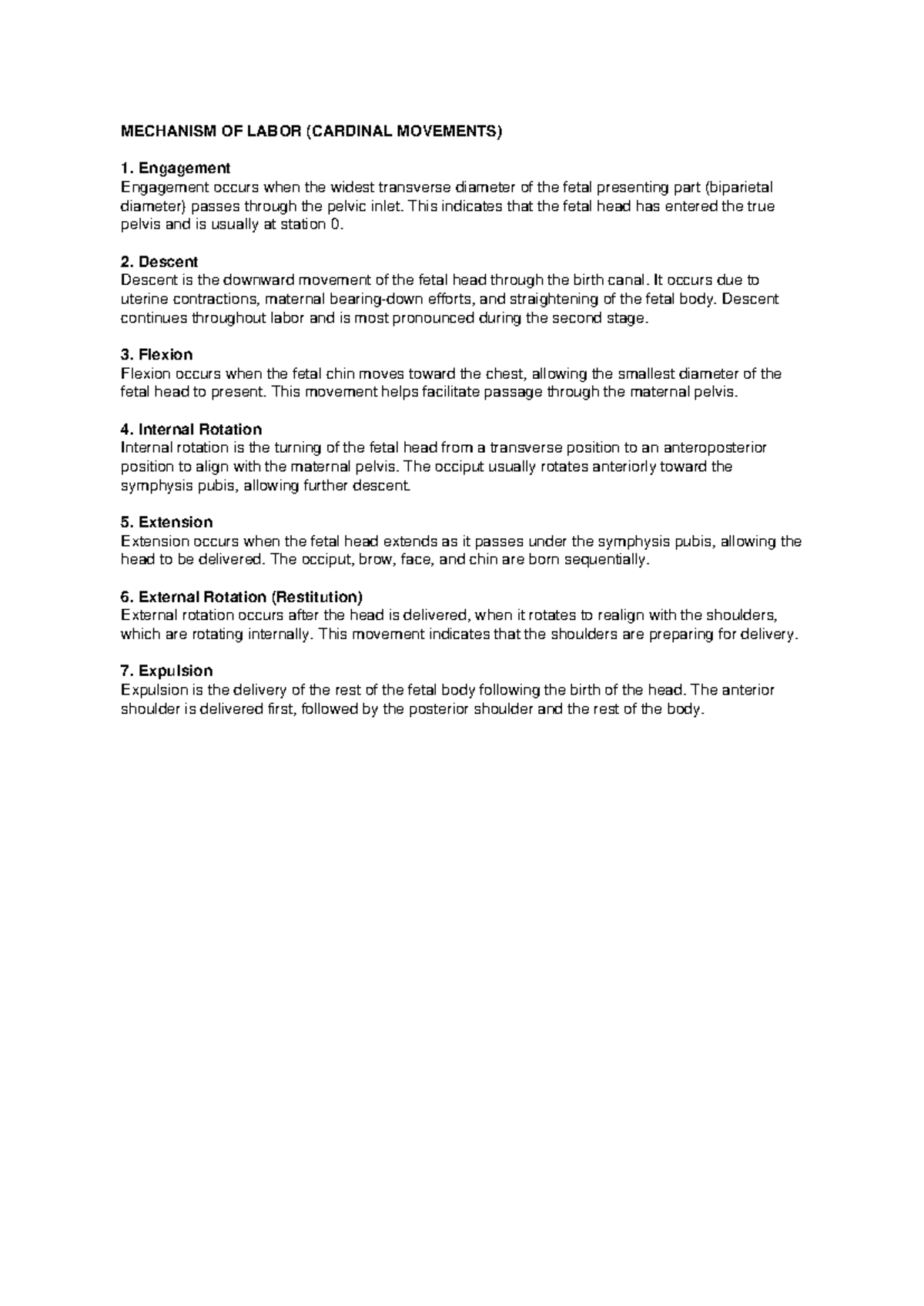 MECHANISM OF LABOR (CARDINAL MOVEMENTS) - Nursing Reviewer - Studocu