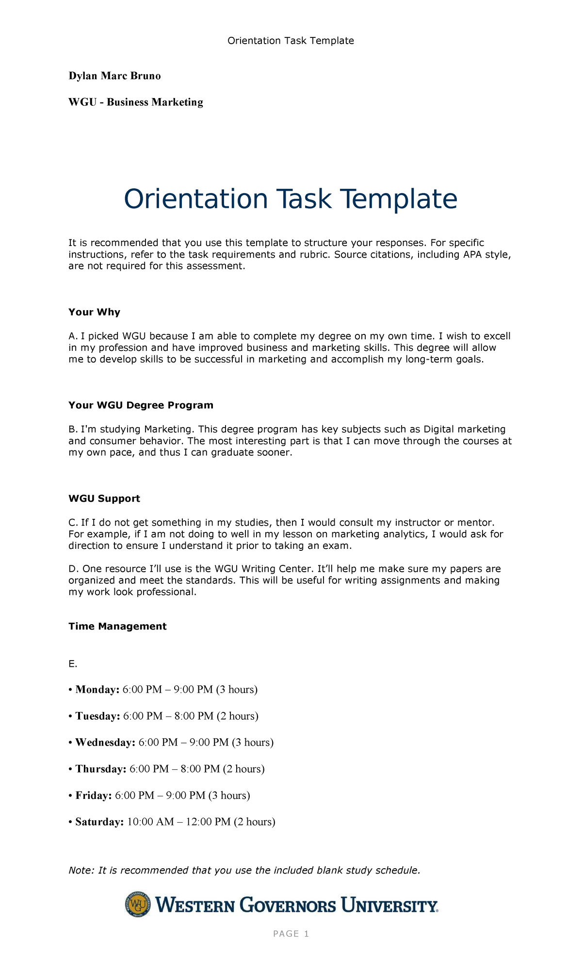 Orientation Task Template - Orientation Task Template Dylan Marc Bruno WGU - Business Marketing ...
