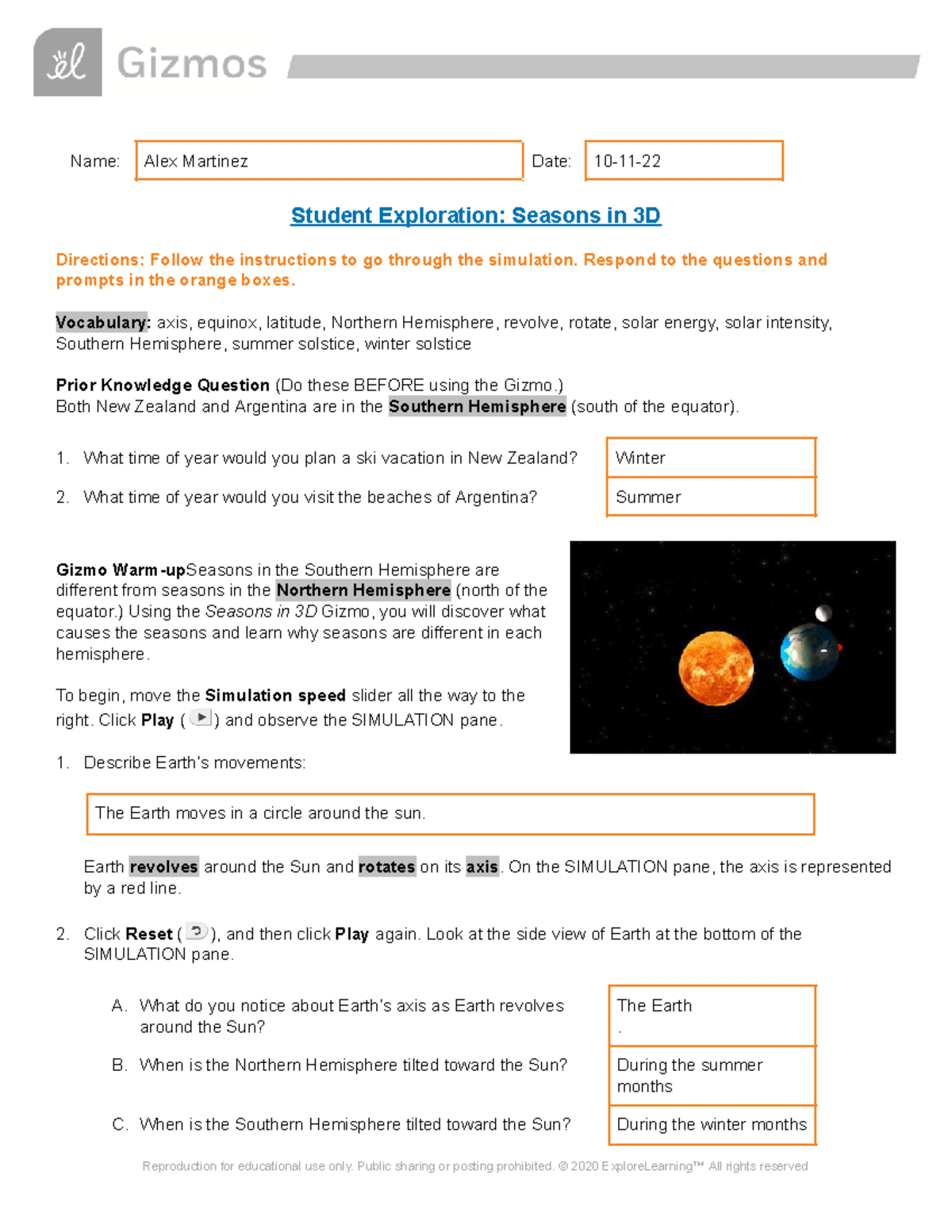 Student Exploration: Seasons in 3D Gizmo - Class Activities & Insights ...