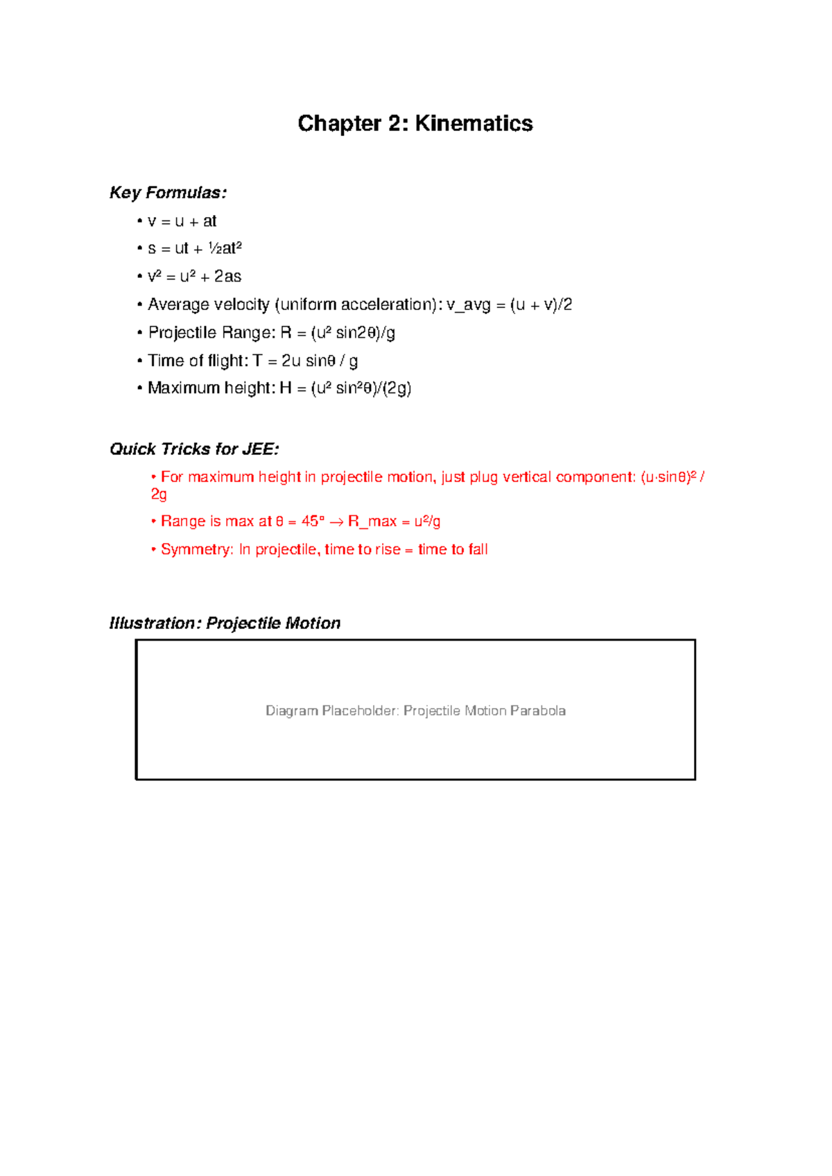 Sample Kinematics Formula Bible - Chapter 2: Kinematics Key Formulas ...