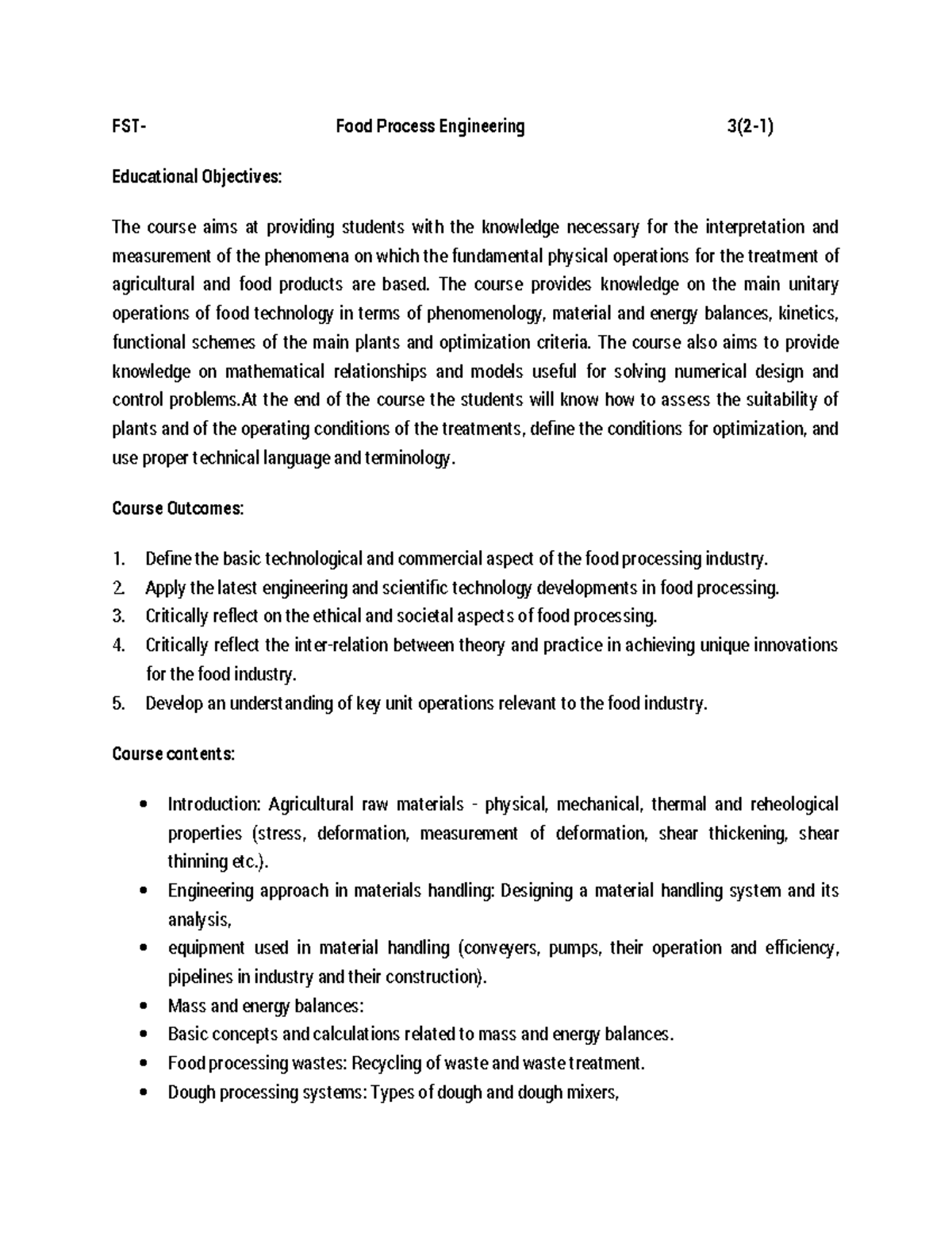 FST - Food Process Engineering Course Overview and Key Concepts - Studocu