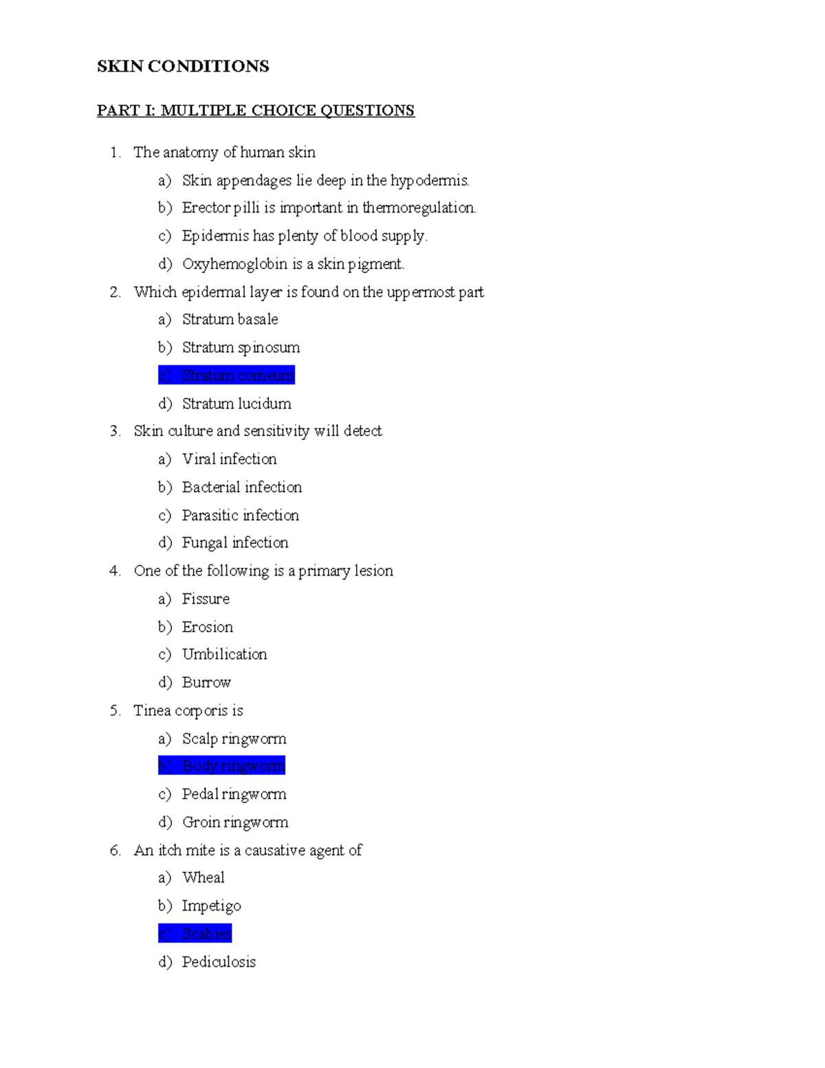 SKIN CONDITIONS: SEMESTER EXAM MULTIPLE CHOICE QUESTIONS - Studocu