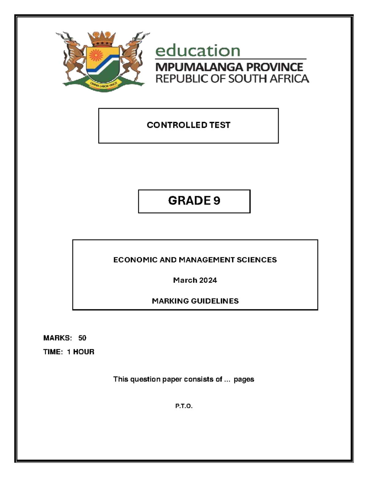 2024 EMS Grade 9 March Controlled Test Marking Guidelines - Studocu