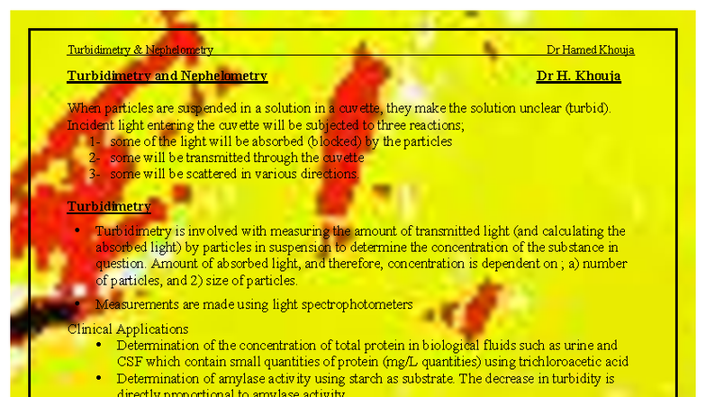 Turbidimetry and Nephelometry Overview - Dr H. Khouja - Studocu