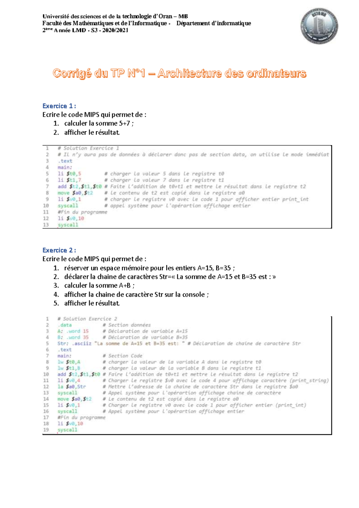 Corrigé TP1 AO - SOLUTION TP 1 - Université des sciences et de la ...