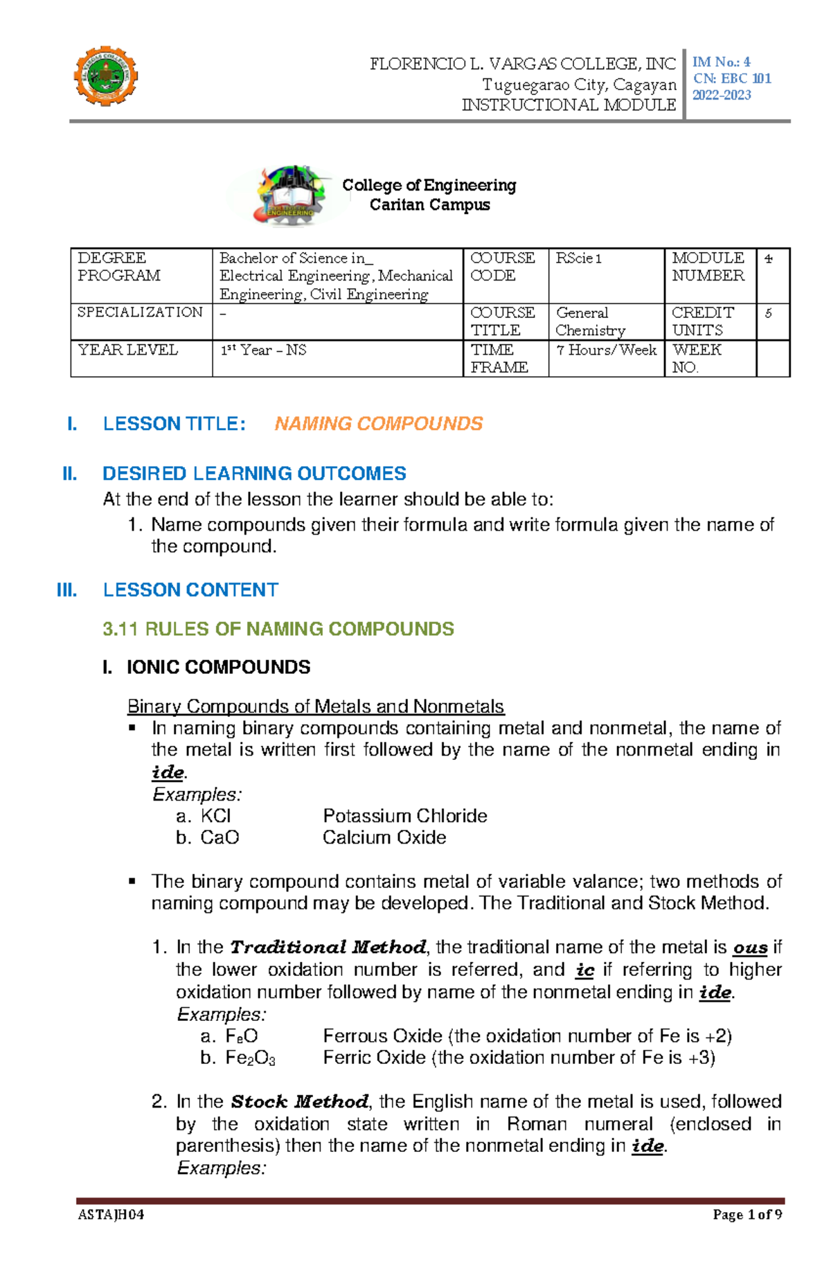 Gen CHEM M4-2223: Naming Compounds Instructional Module - Studocu