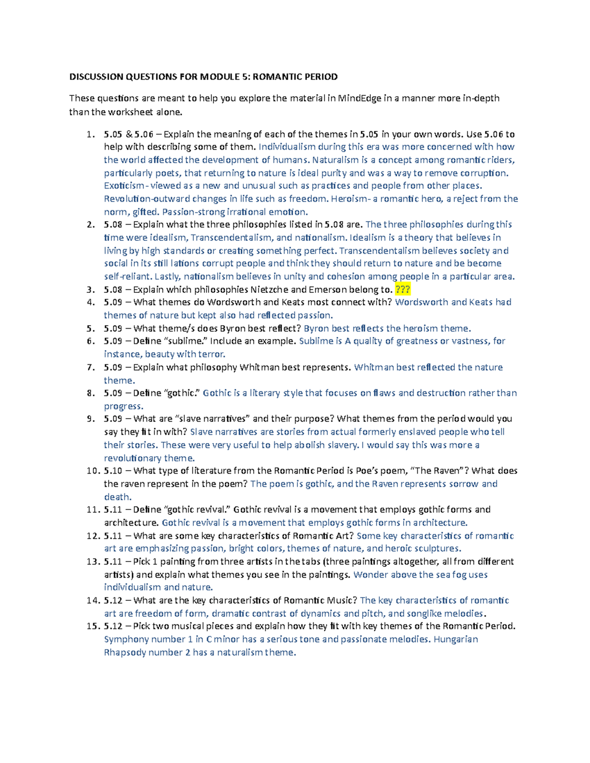 Discussion Questions for Romantic Period - Module 5 Analysis - Studocu