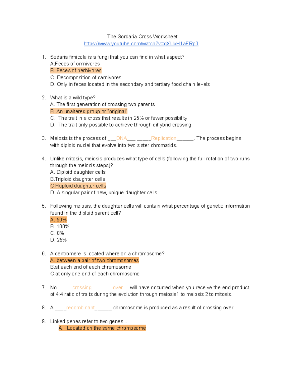Sordaria Cross Worksheet - Answer Key for Genetics Lab (BIO101) - Studocu