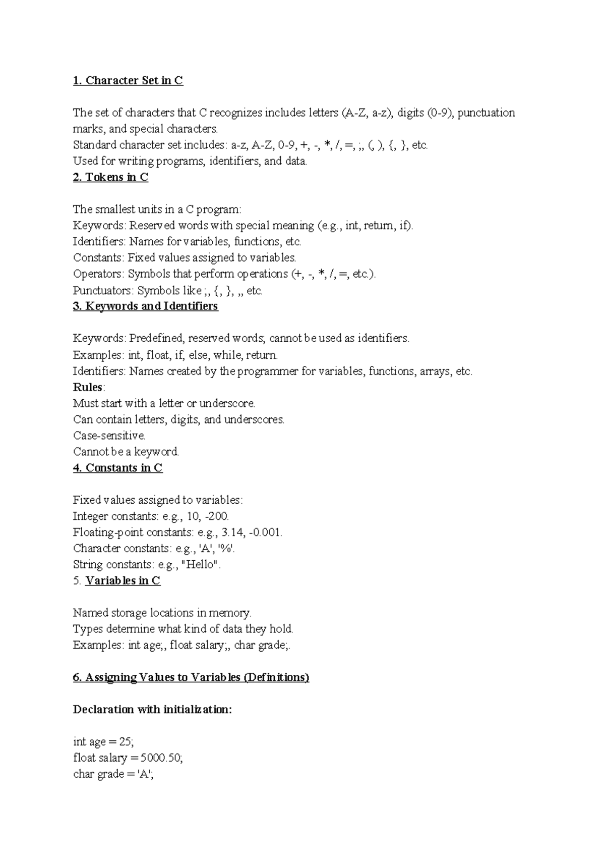 C Programming Notes: Character Sets, Tokens, and Variables - Studocu
