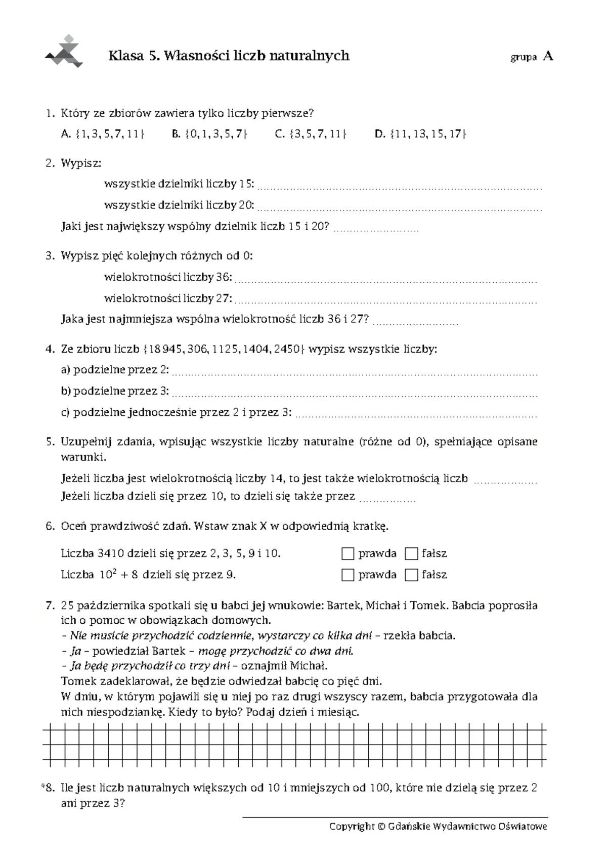 Mat2 2 - Sprawdzian z matematyki klasa 5 - Dział 2: Prawdziwość zdań - Studocu