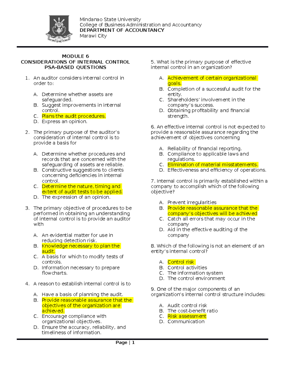Module 6: Internal Control Considerations in Auditing (ACCT 101) - Studocu