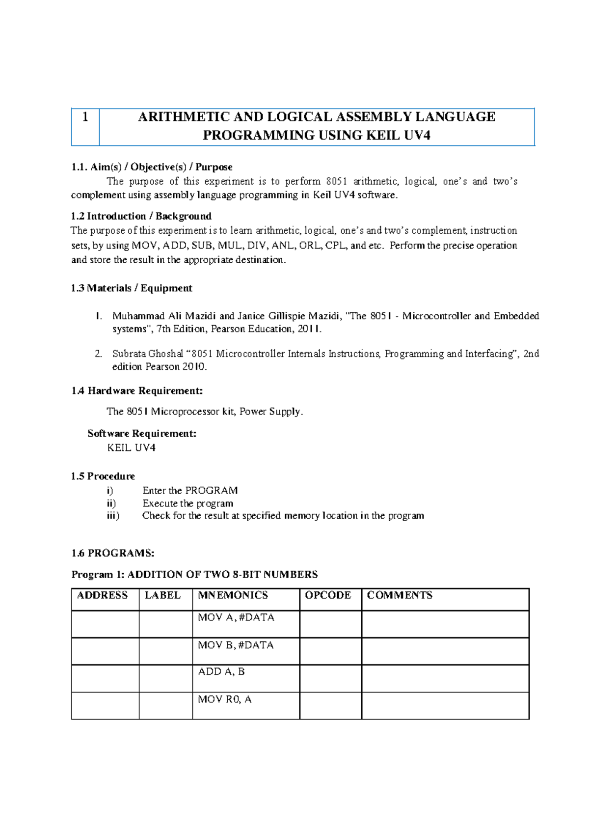 LAB1-4: 8051 Assembly Language Programming Experiments Using Keil UV4 ...