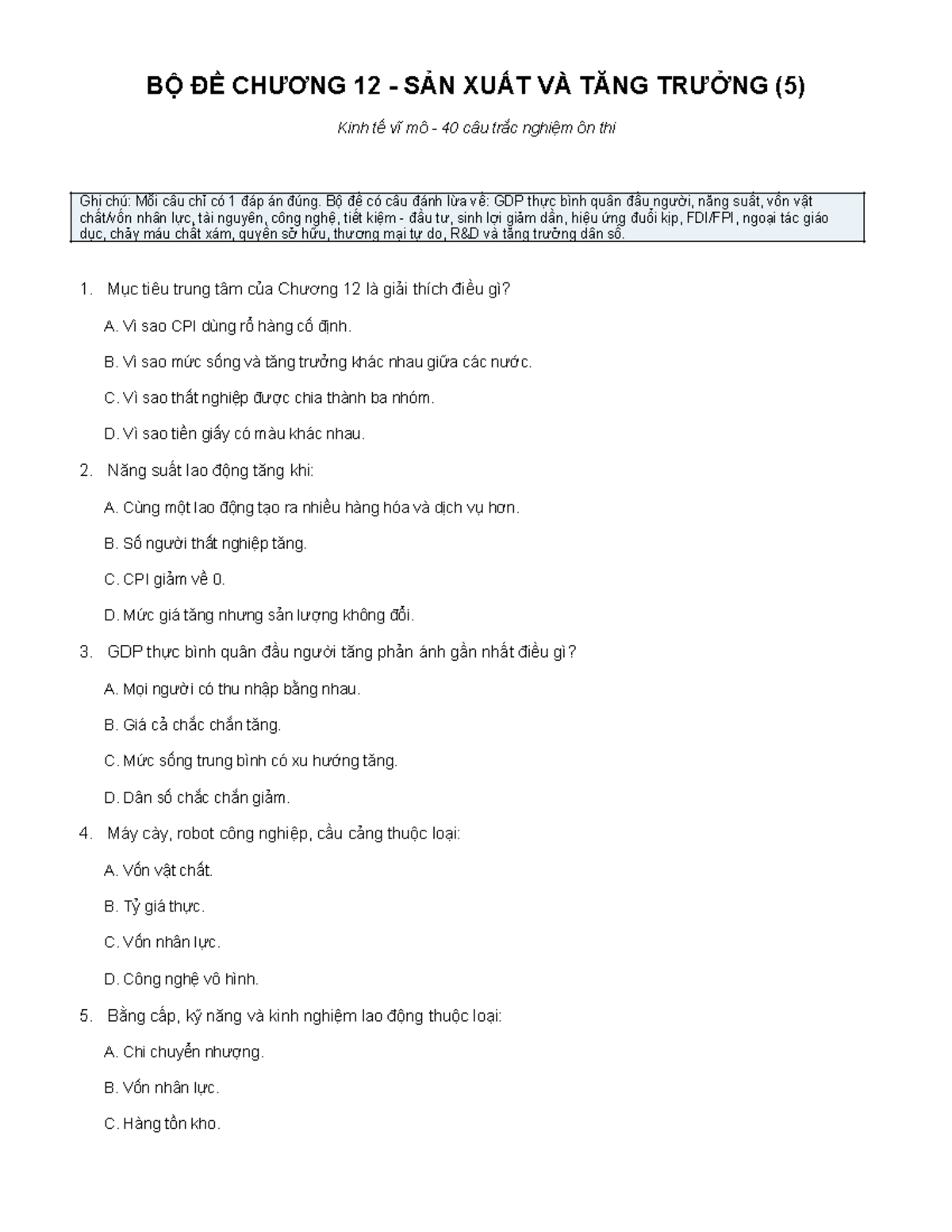 BỘ ĐỀ ÔN THI CHƯƠNG 12 KINH TẾ VĨ MÔ (KTVM) 40 CÂU TRẮC NGHIỆM - Studocu