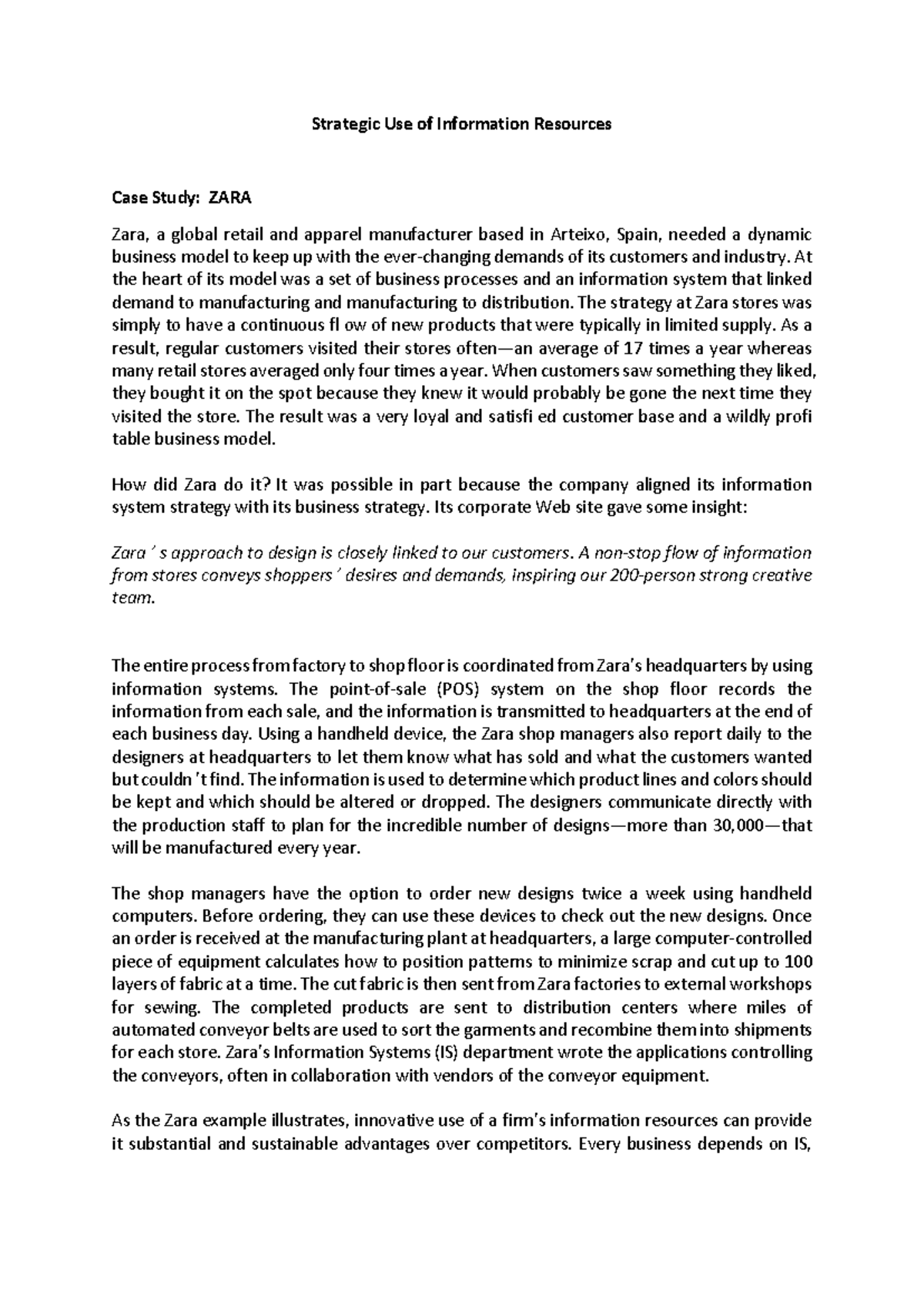 Strategic Use of Information Resources: Case Study on ZARA - Studocu