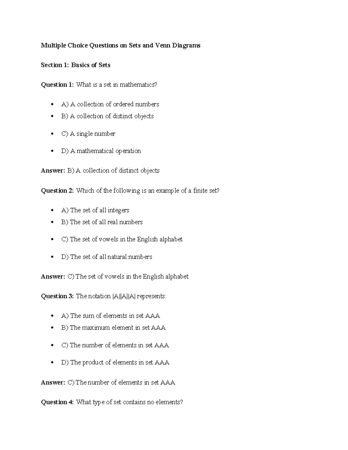 Multiple Choice Questions - Sets and Venn Diagrams (Course Code ...