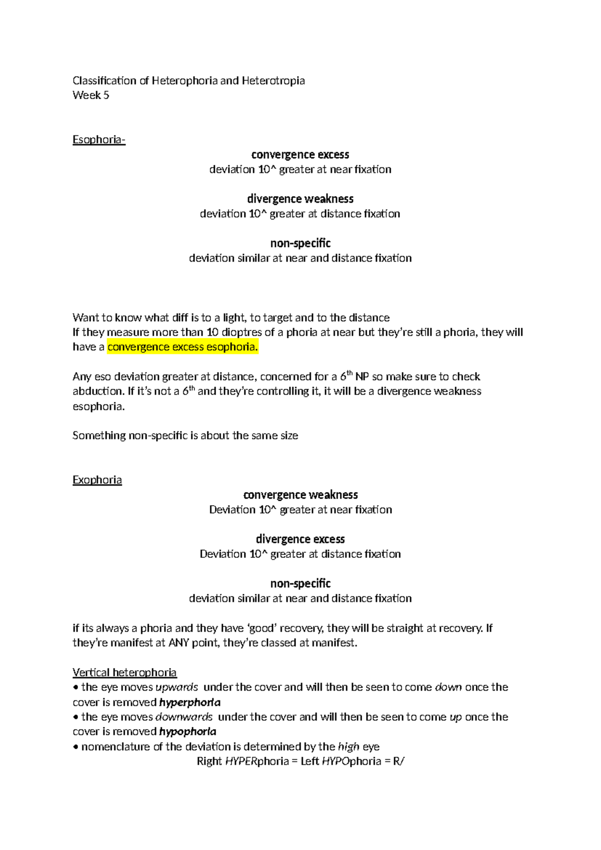 Classification of Heterophoria and Heterotropia - Week 5 Lecture Notes ...