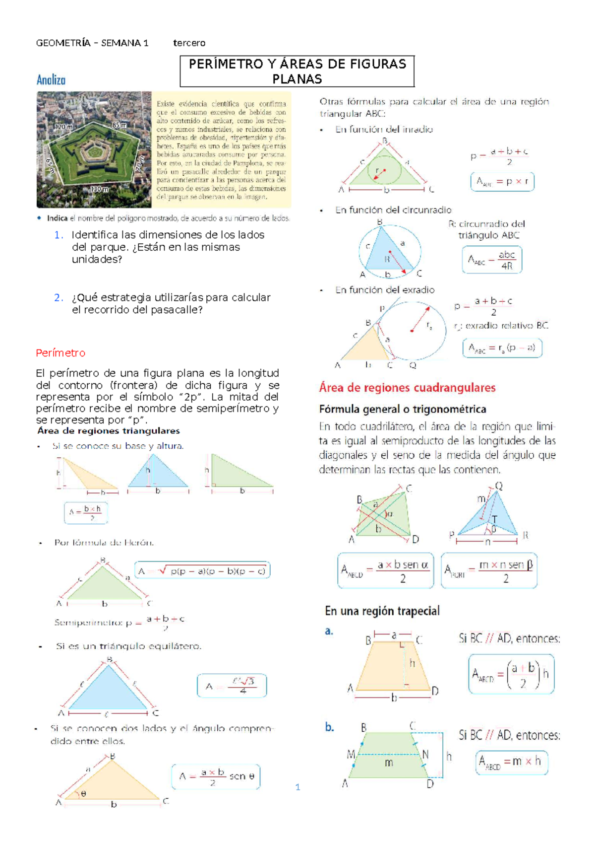 GEOMETRÍA SEMANA 1 TERCERO: PERÍMETRO Y ÁREAS DE FIGURAS PLANAS - Studocu