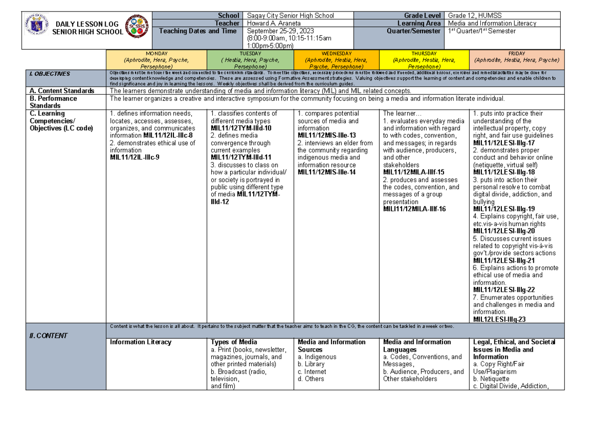 MIL 12-DLL WEEK 2 - Daily Lesson Plan for Media Literacy Activities - Studocu