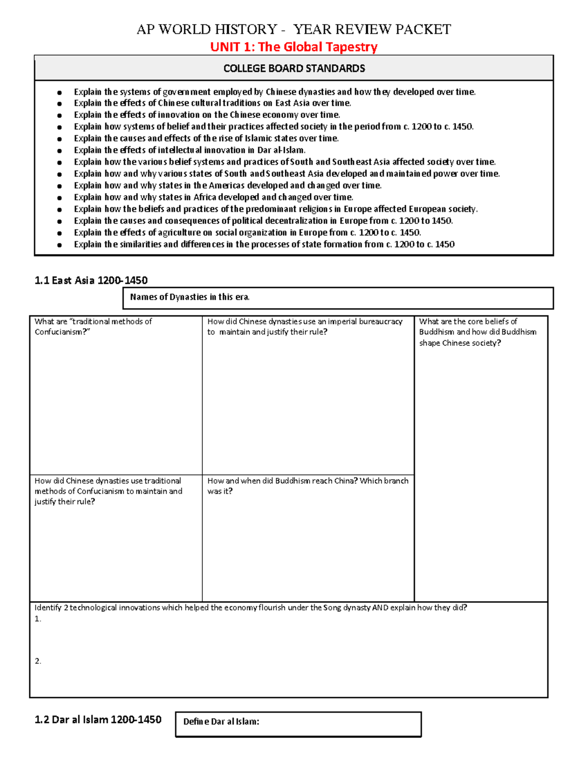 AP WORLD HISTORY ALL YEAR REVIEW PACKET: Comprehensive Study Guide ...