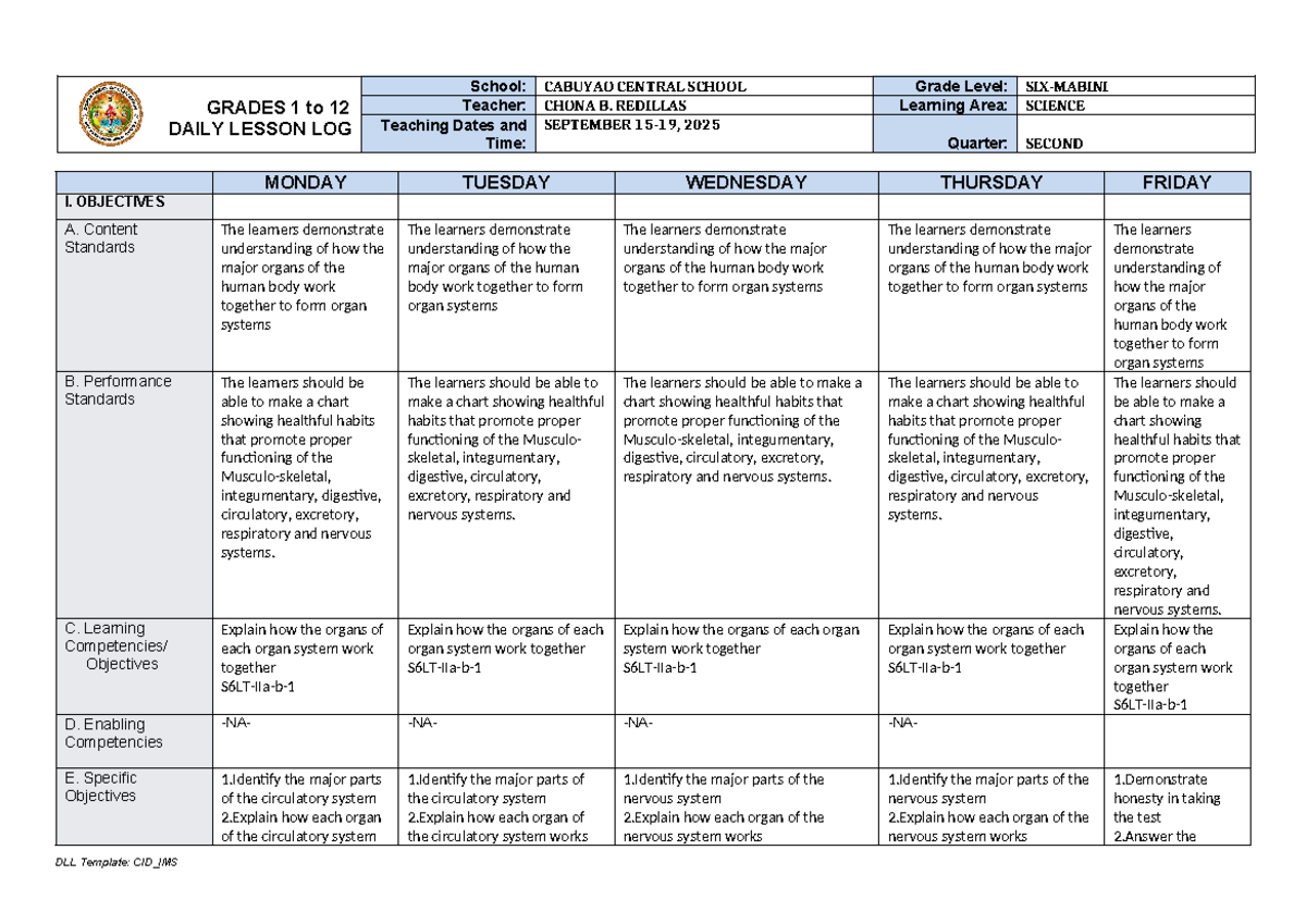 Science Grade 6 Daily Lesson Log: Human Body Systems (Q2) - Studocu