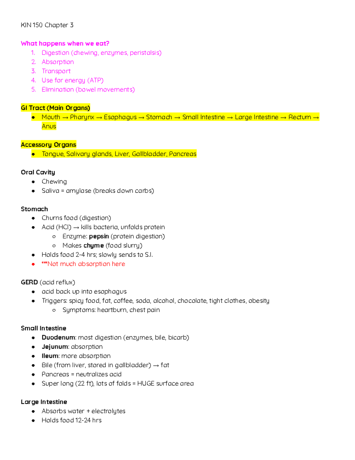 KIN 150 Chapter 3 Study Guide: Digestion & Absorption Process - Studocu