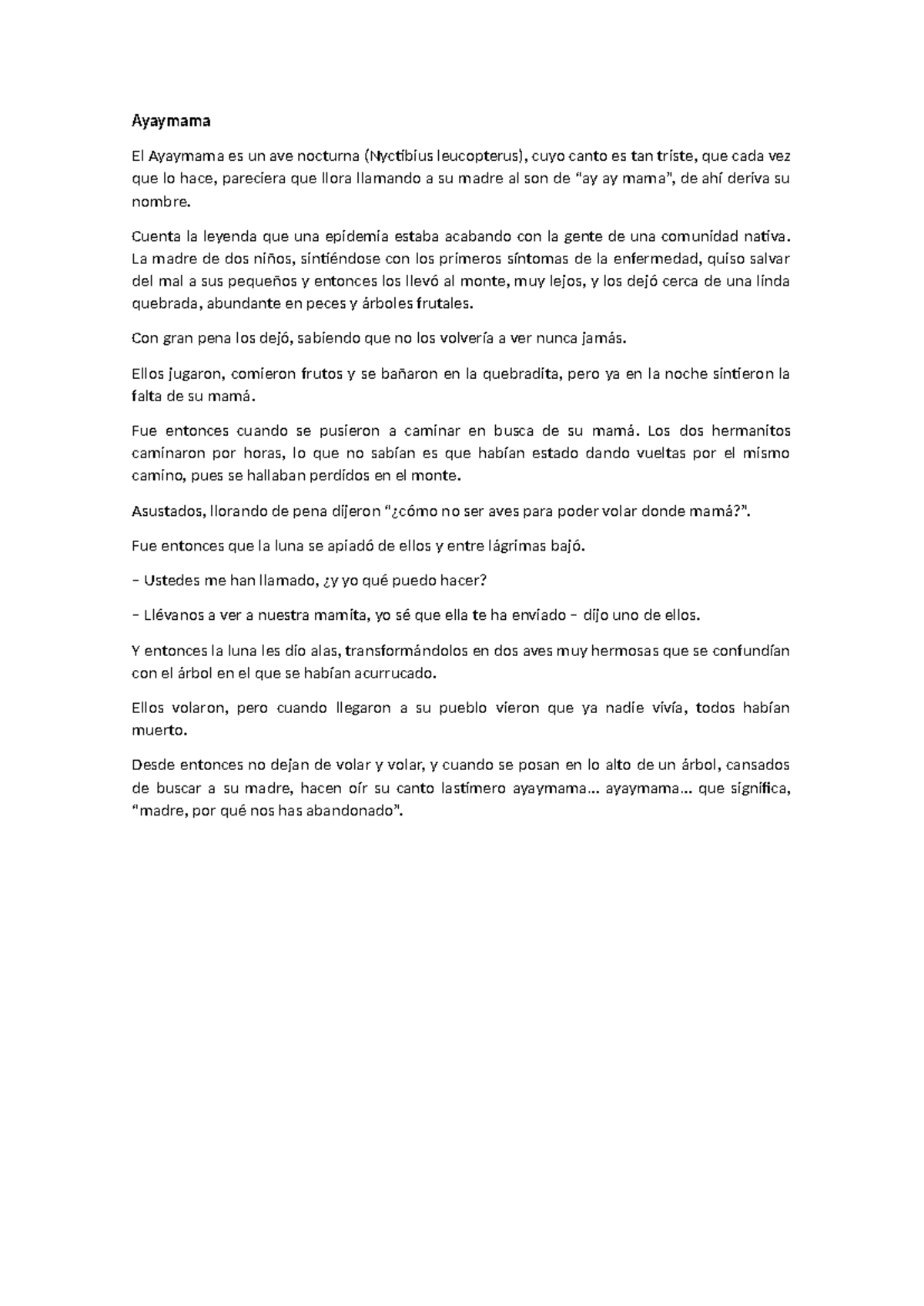 Ayaymama: Leyenda de la Ave Nocturna - CUENTOS DE LA SELVA PERUANA ...