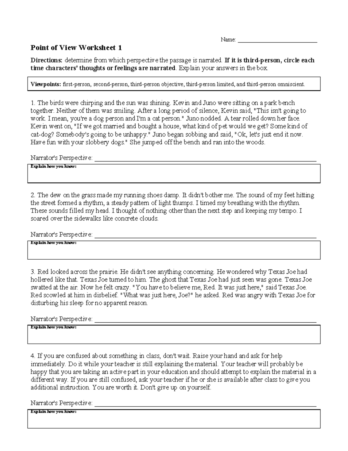 Point of View Analysis Worksheet for Narration Perspectives - Studocu