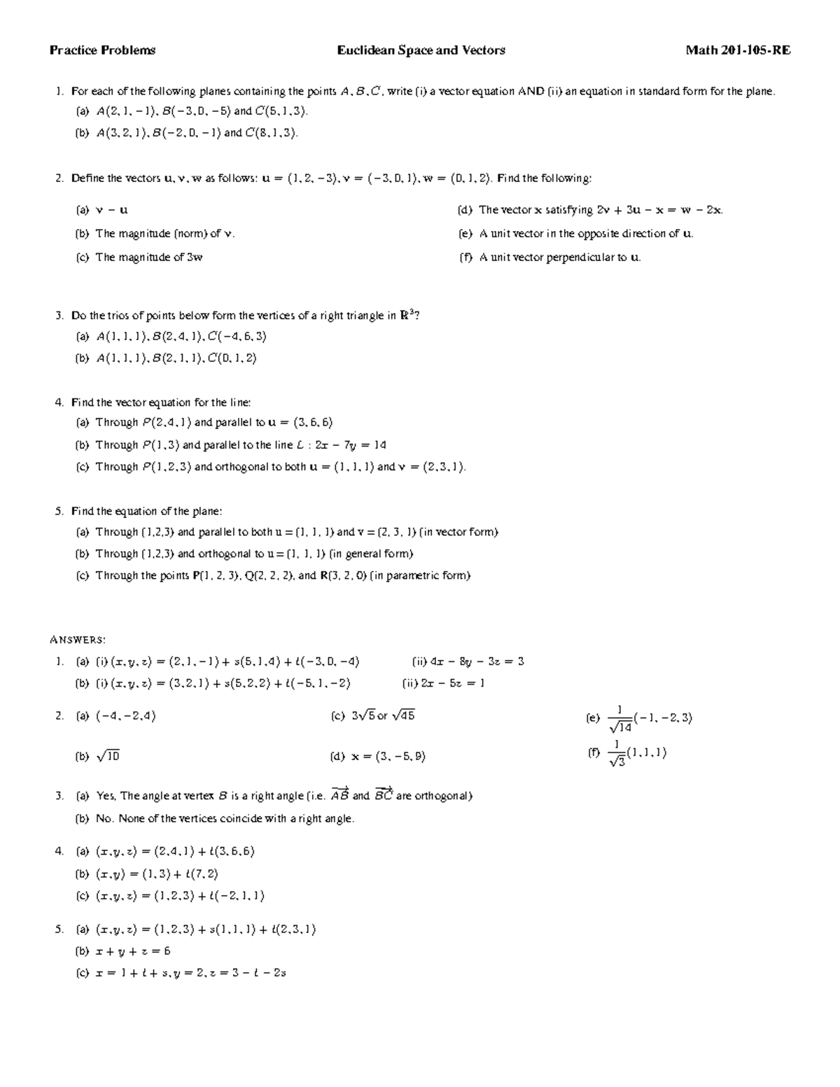 Practice Problems on Euclidean Space and Vectors (Math 201-105-RE ...