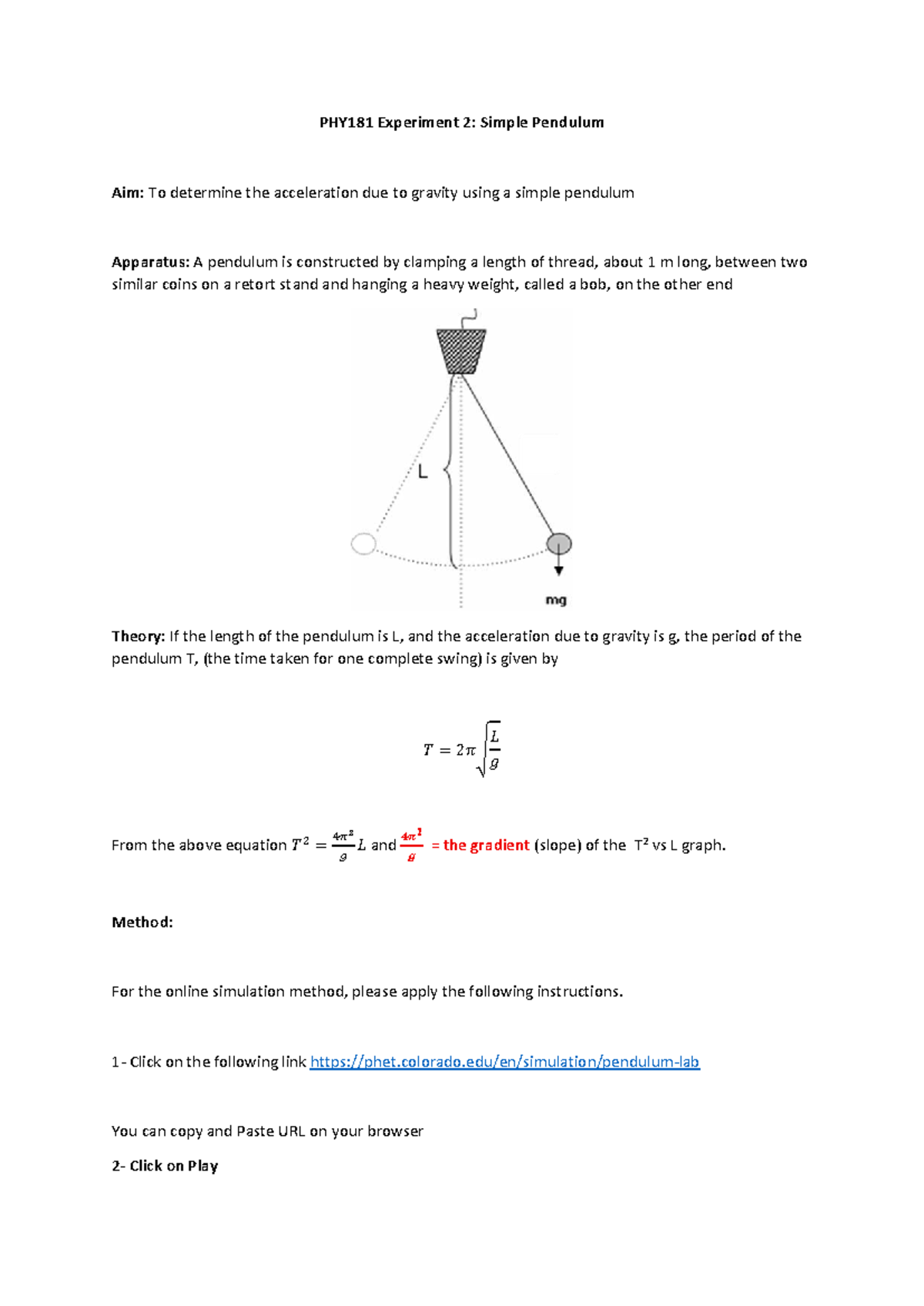 PHY181 Experiment 2: Measuring Gravity with a Simple Pendulum - Studocu