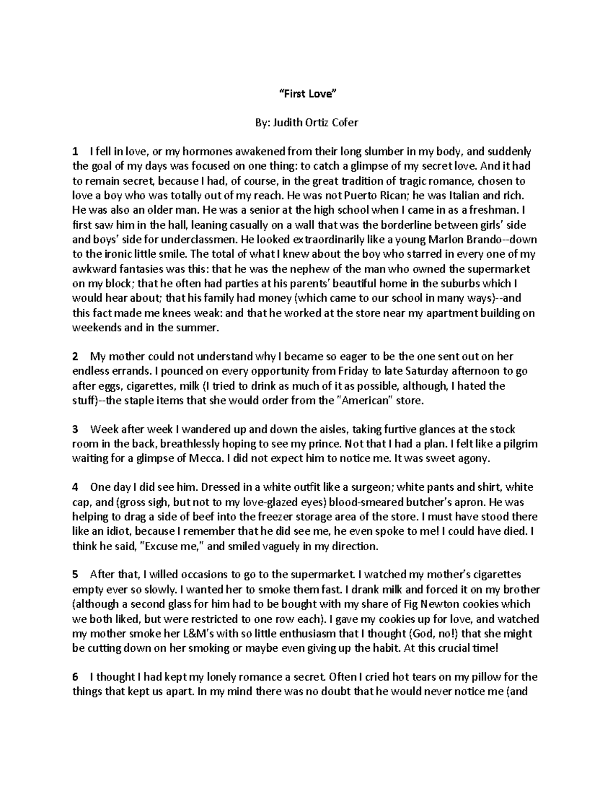ENG-101 First Love: A Memoir by Judith Ortiz Cofer - Studocu