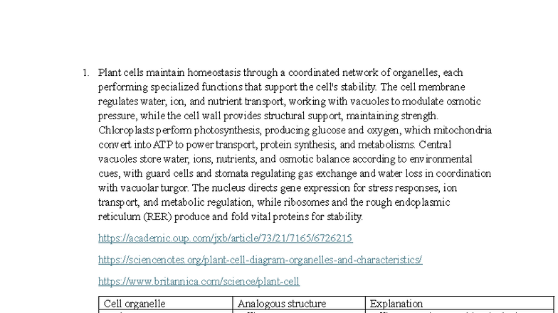 Plant Cell Homeostasis: Organelle Functions & Analogies - Studocu