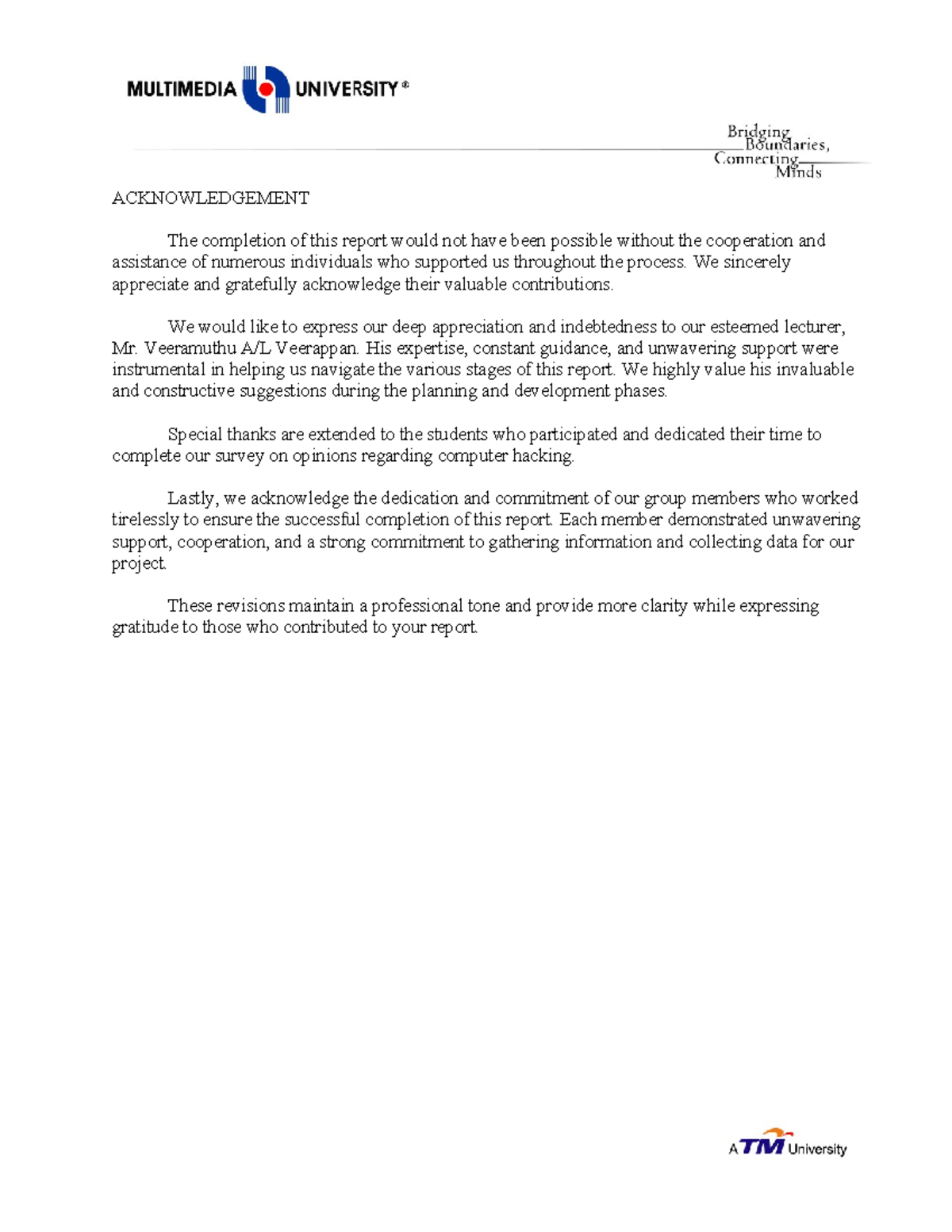 MMU Report Template: Acknowledgement Section Guidance - Studocu