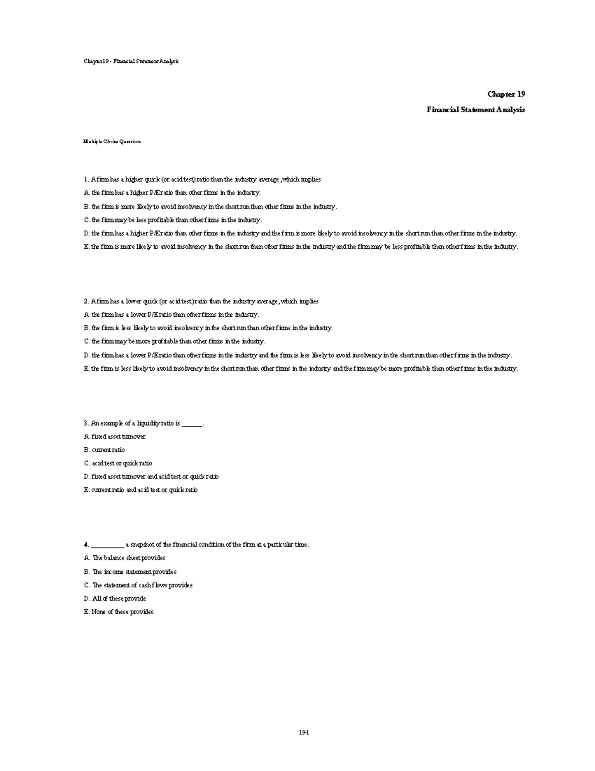 Chapter 19 Financial Statement Analysis: Multiple Choice Questions and ...