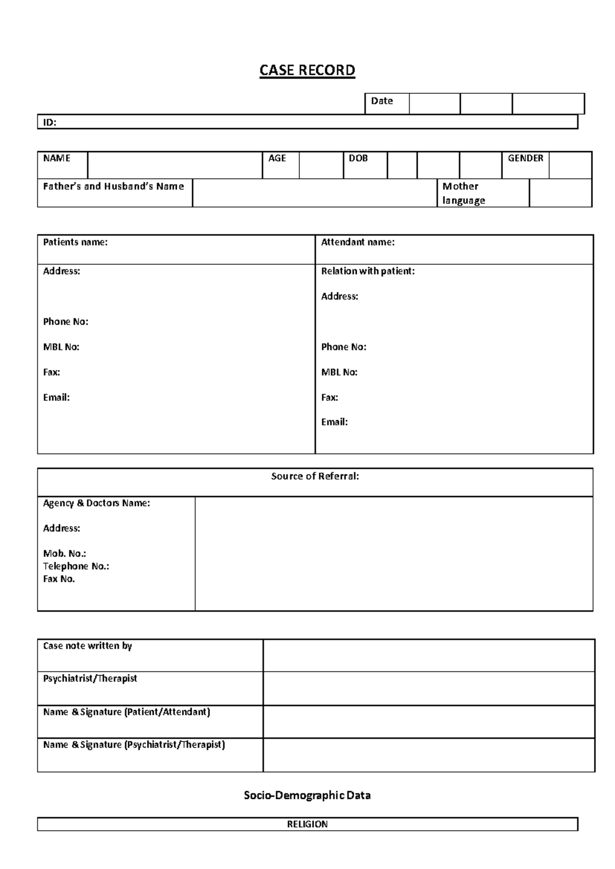 Psychiatry Case Record Template for Patient Evaluation - Studocu