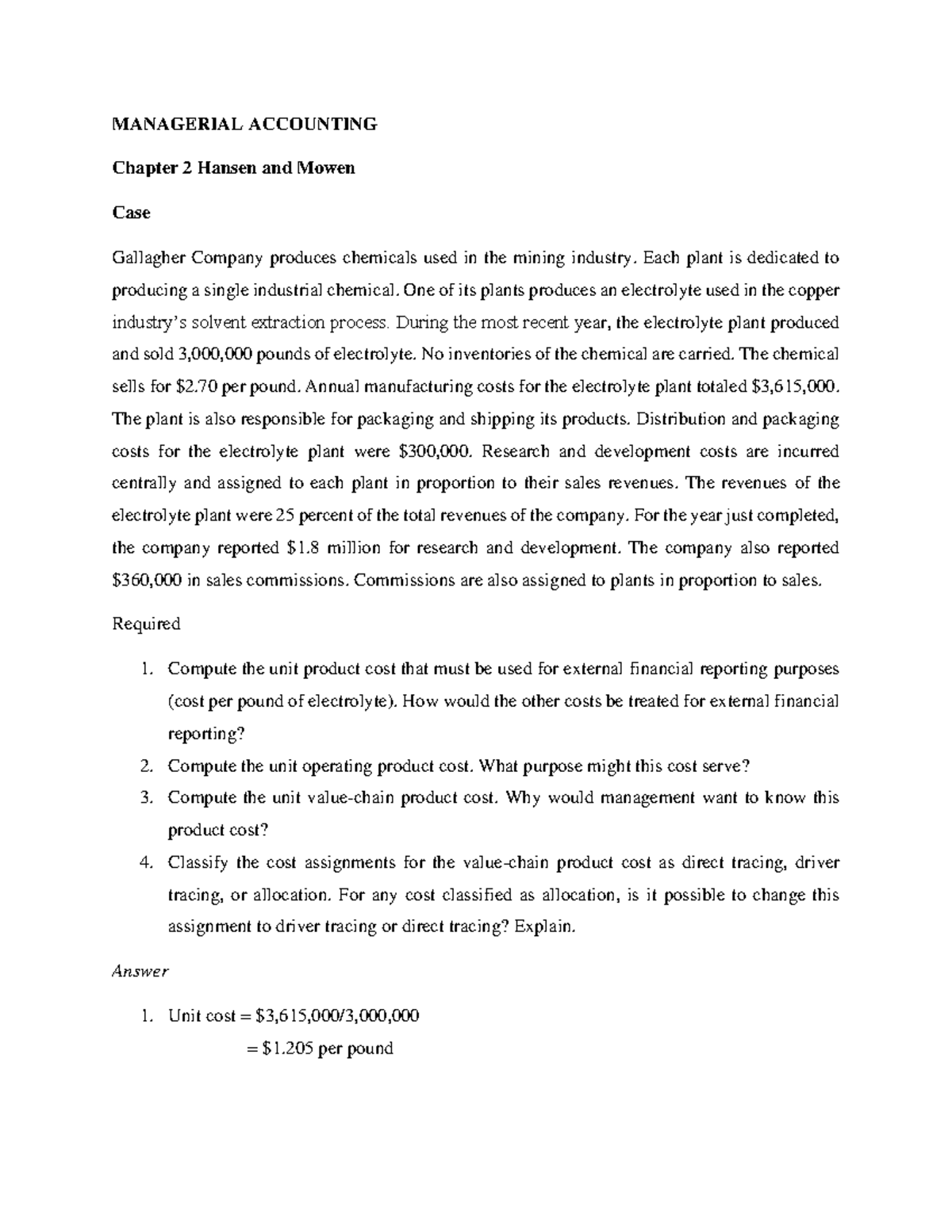 Managerial Accounting (MA 310) Ch. 2 Cost Assignment & Product Cost ...