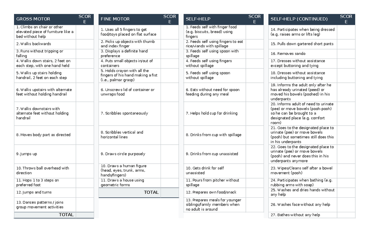 ECCD PRE-Assessment Evaluation Form: Gross & Fine Motor Skills - Studocu